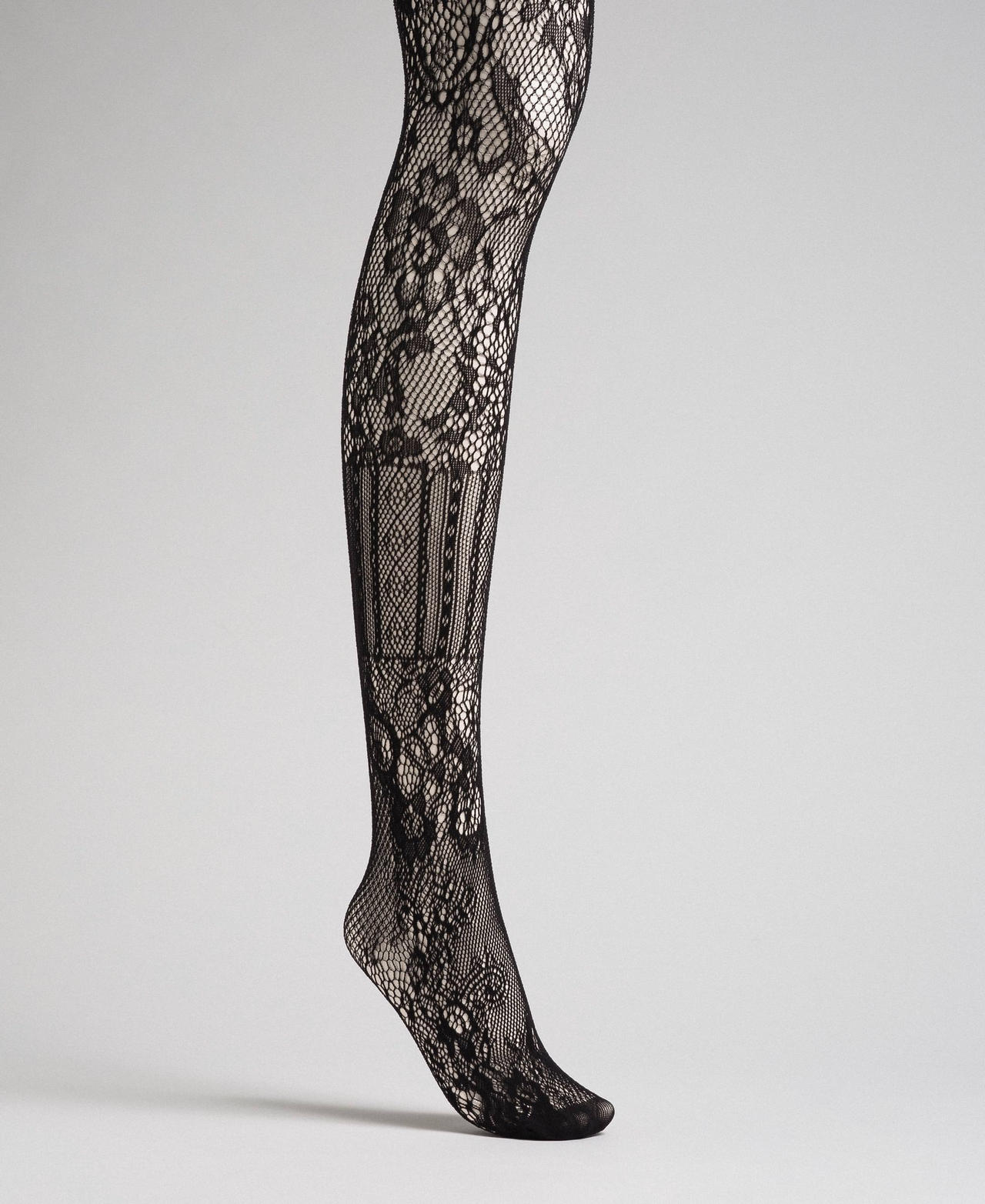 Tights with mixed mesh and lace Woman, Black | TWINSET Milano