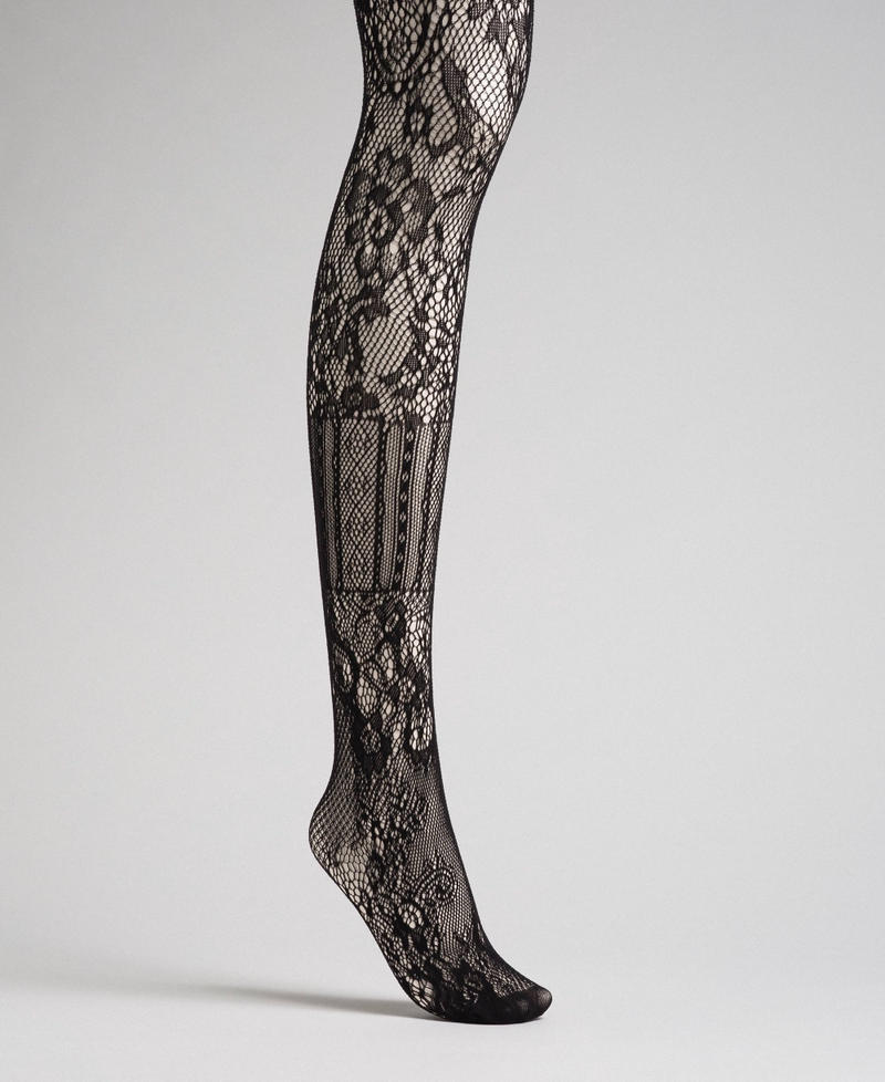 Tights with mixed mesh and lace Woman, Black | TWINSET Milano