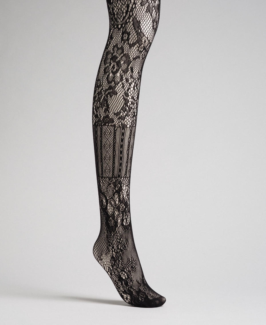 Tights with mixed mesh and lace Woman, Black | TWINSET Milano