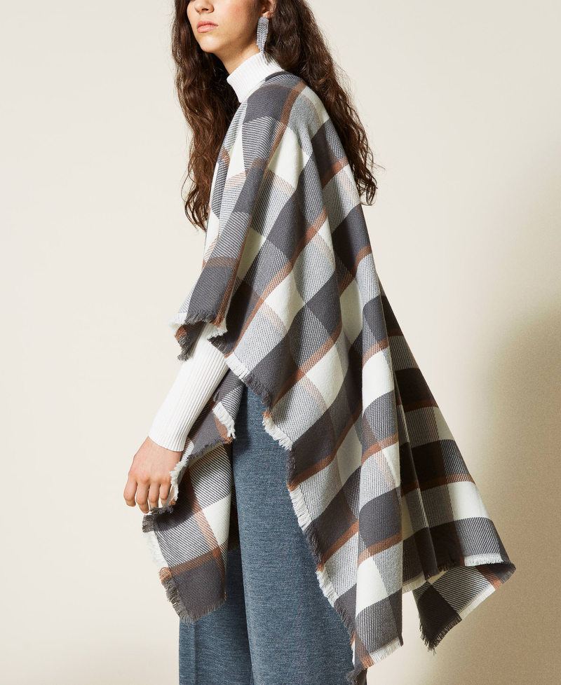 Jacquard chequered wool cloth poncho Woman, Grey | TWINSET Milano
