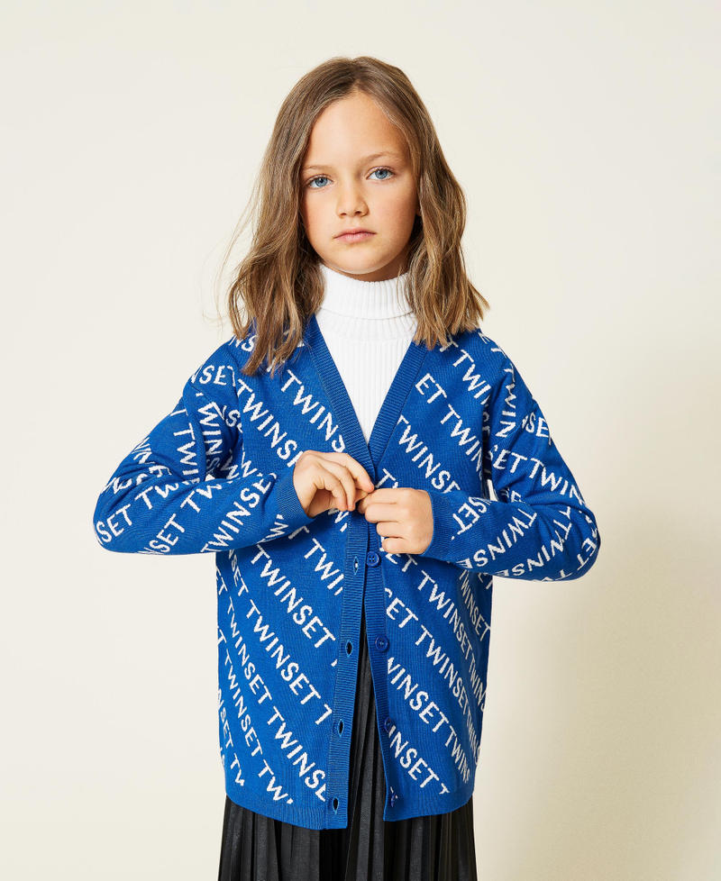 Jacquard logo cardigan Girl, Blue | TWINSET Milano