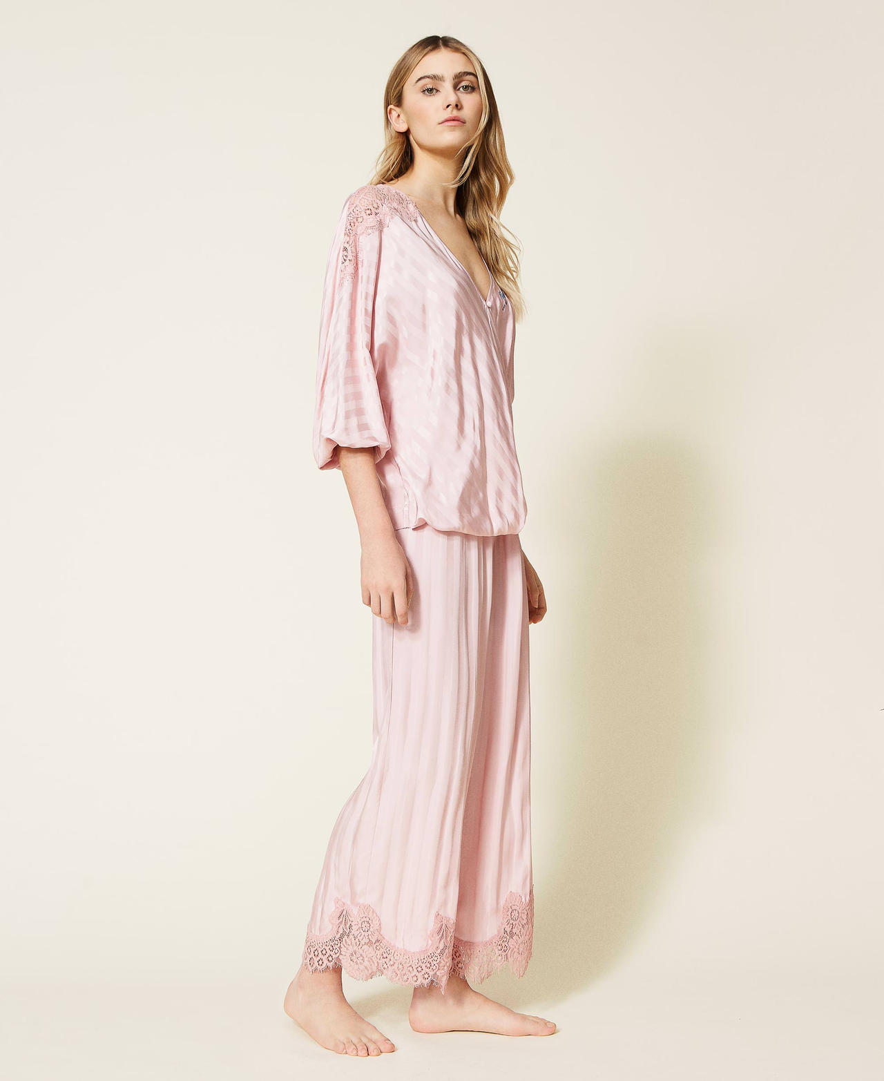 Blusa in raso jacquard con pizzo Donna, Rosa | TWINSET Milano