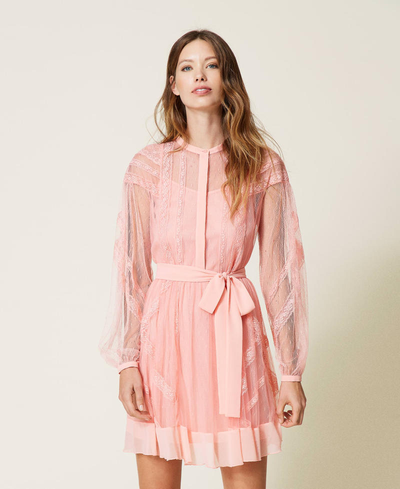 Point d'esprit tulle dress with lace Woman, Pink | TWINSET Milano