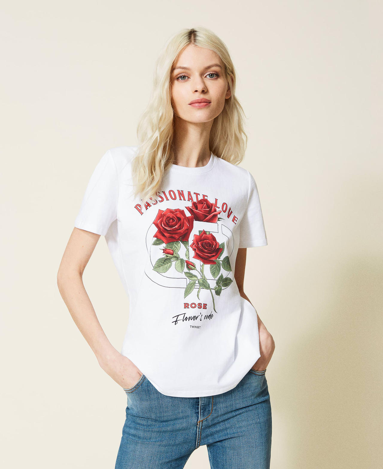 T-shirt with rose print and logo Woman, White | TWINSET Milano