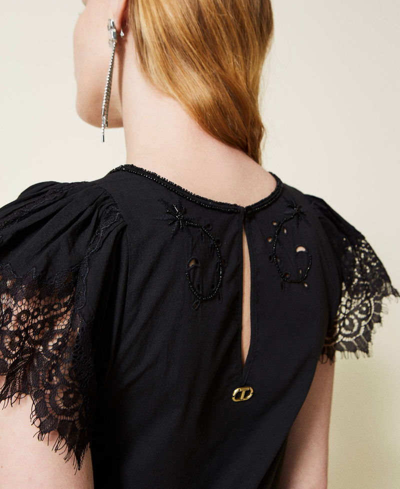 Hand-embroidered dress with inlaid lace Woman, Black | TWINSET Milano