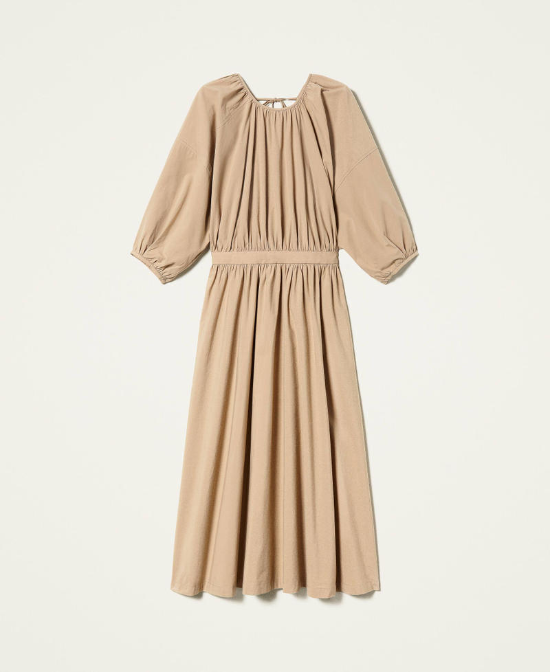 Vestido largo de popelina con fruncido Mujer, Beige | TWINSET Milano