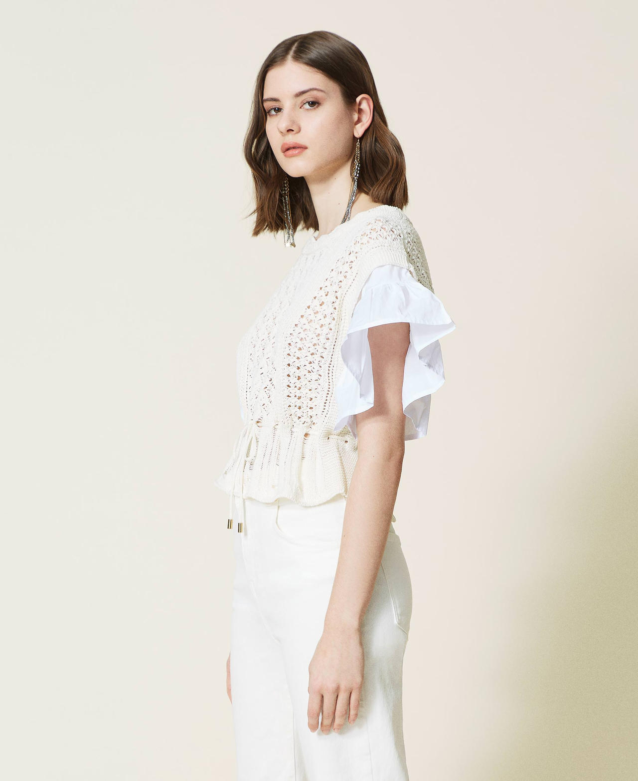 Boxy jumper with inserts Woman, White | TWINSET Milano