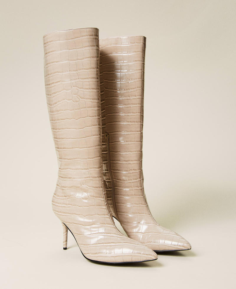 Crocodile print high boots Woman, Beige | TWINSET Milano
