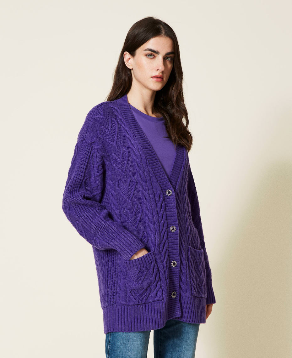 Cardigan long avec torsades et cœurs Femme, Violet | TWINSET Milano