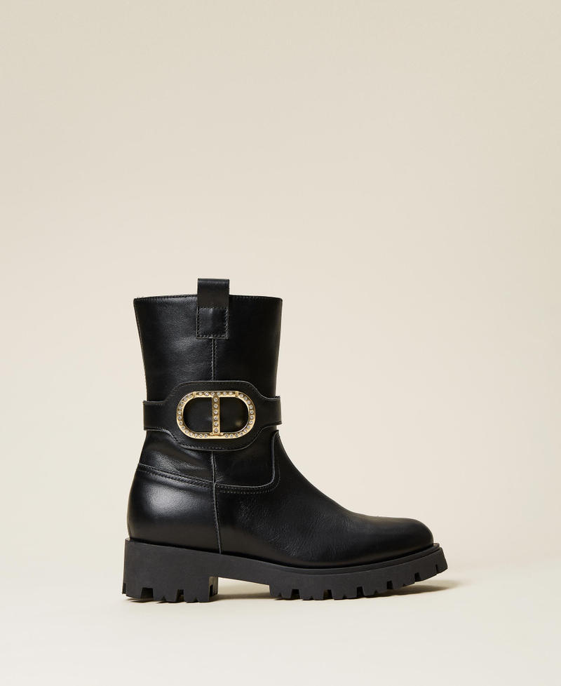 Leather biker boots with logo Girl, Black | TWINSET Milano