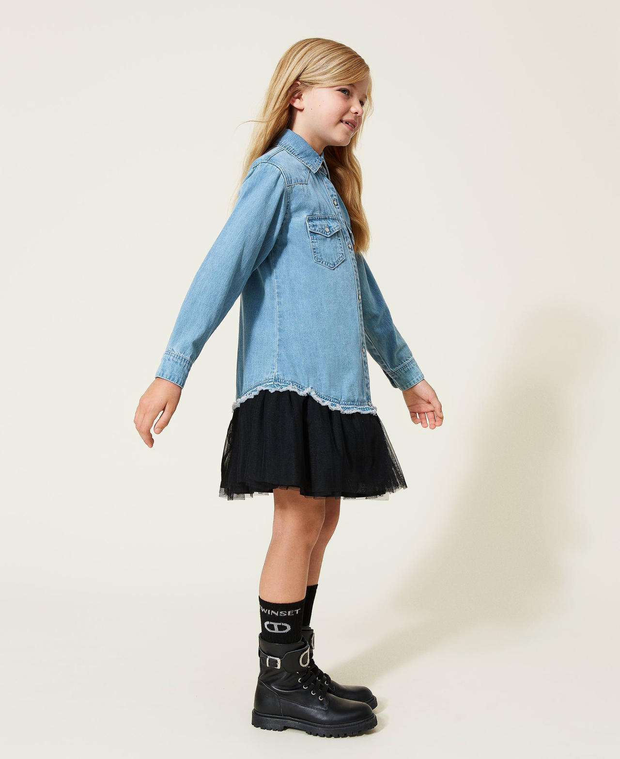 Robe en jean avec volants en tulle Fille, Bleu | TWINSET Milano