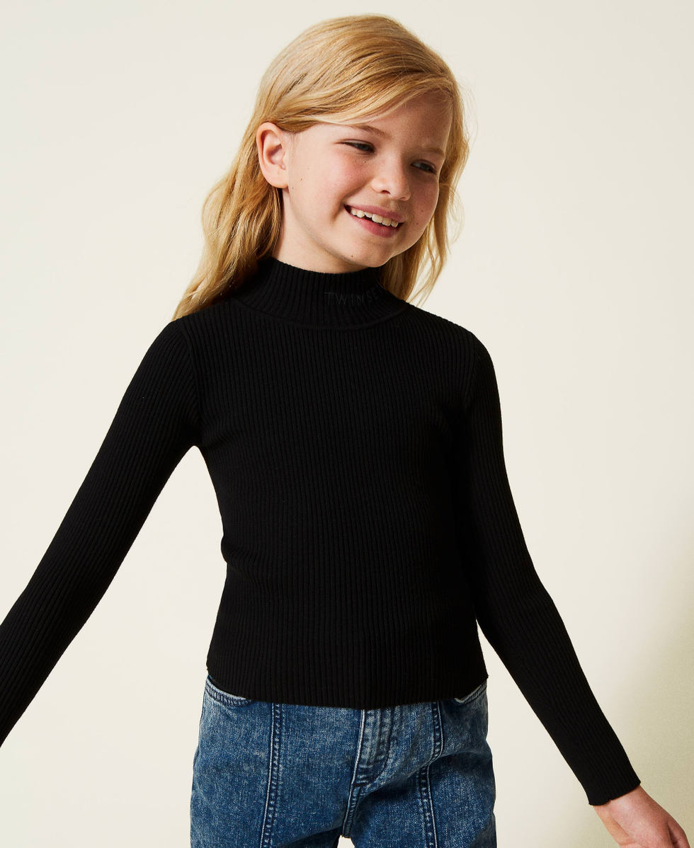 Turtleneck jumper with embroidered logo Girl, Black Turtleneck jumper with embroidered logo Girl, Black