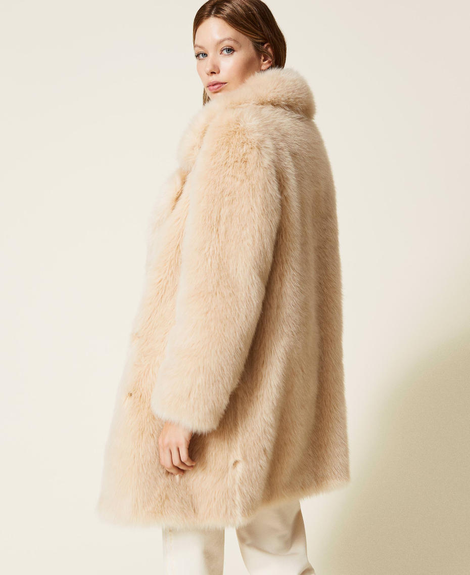 Abrigo con doble botonadura de pelo sintético Mujer, Beige | TWINSET Milano