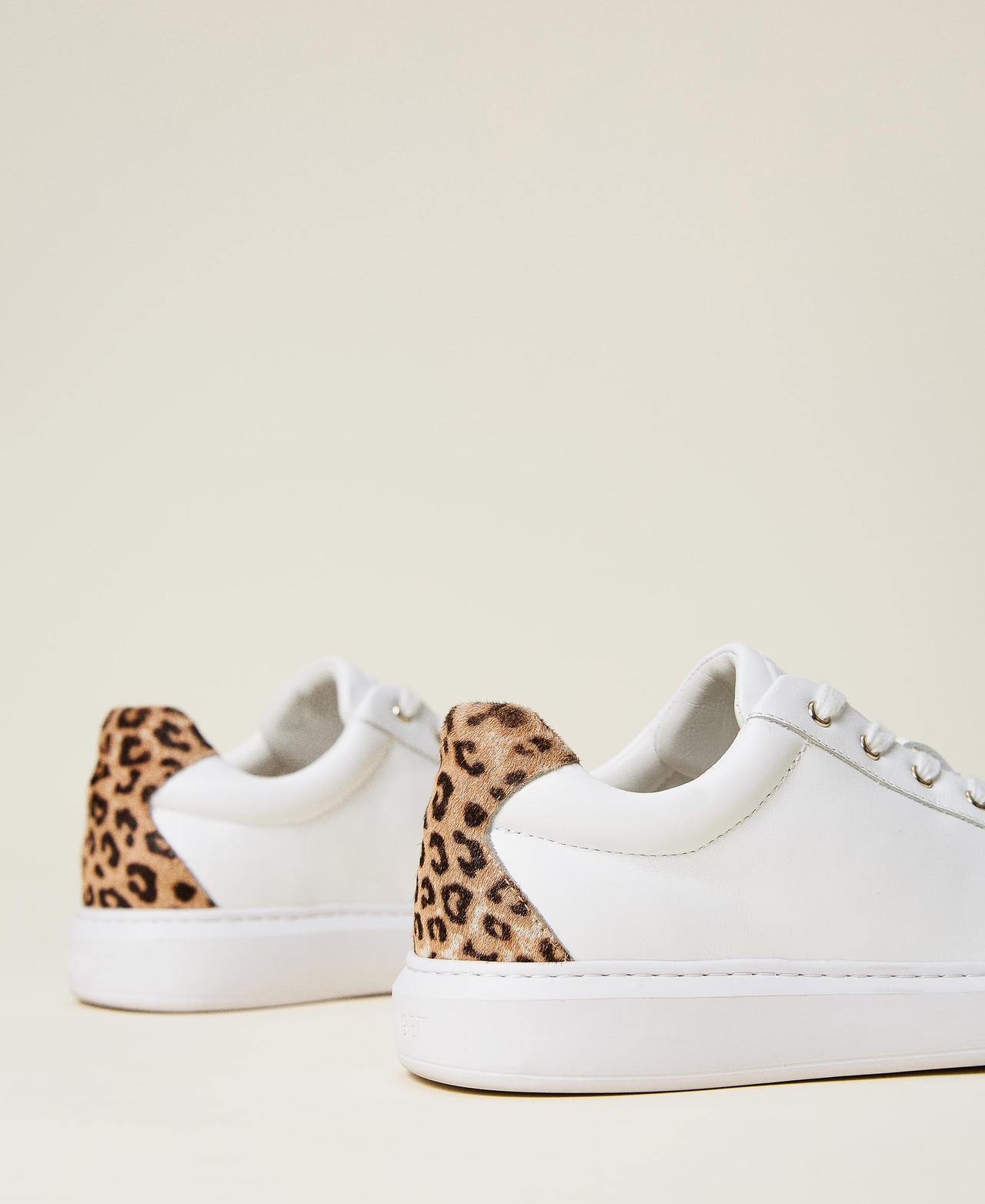 Leather trainers with animal print detail Woman, White | TWINSET Milano
