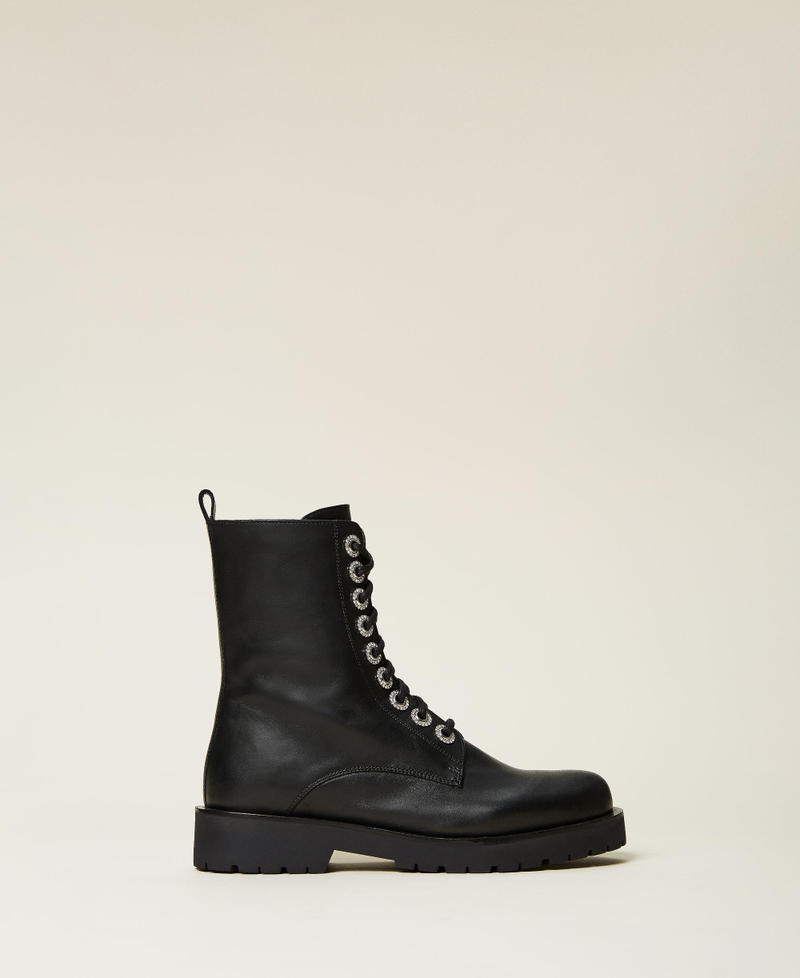 Combat boots with rhinestone eyelets Woman, Black | TWINSET Milano