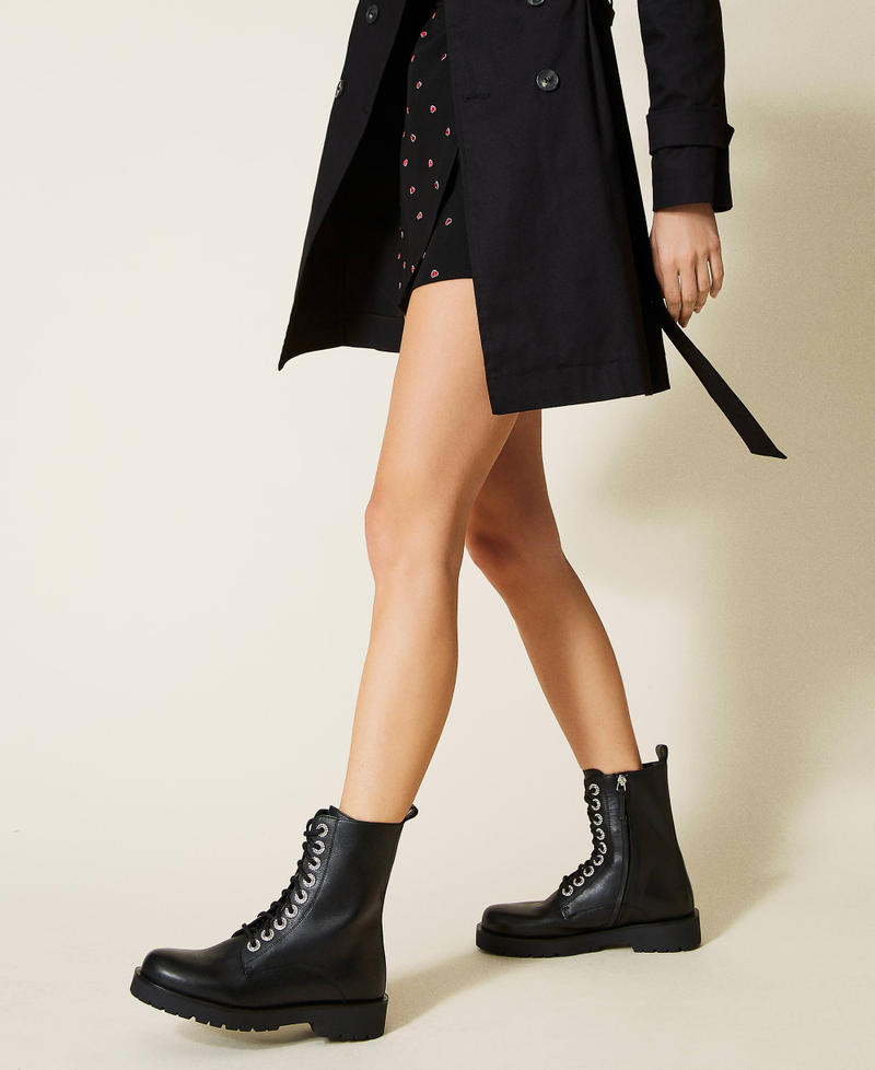 Combat boots with rhinestone eyelets Woman, Black | TWINSET Milano