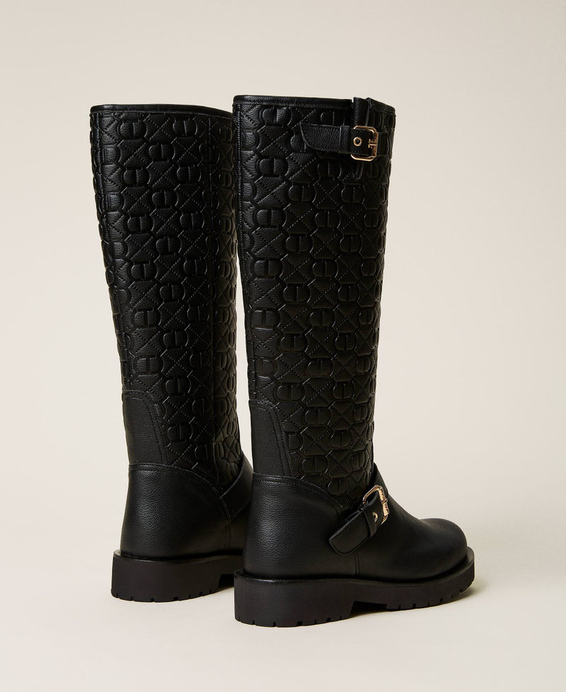 Biker boots with Oval T logo all over Woman, Black | TWINSET Milano