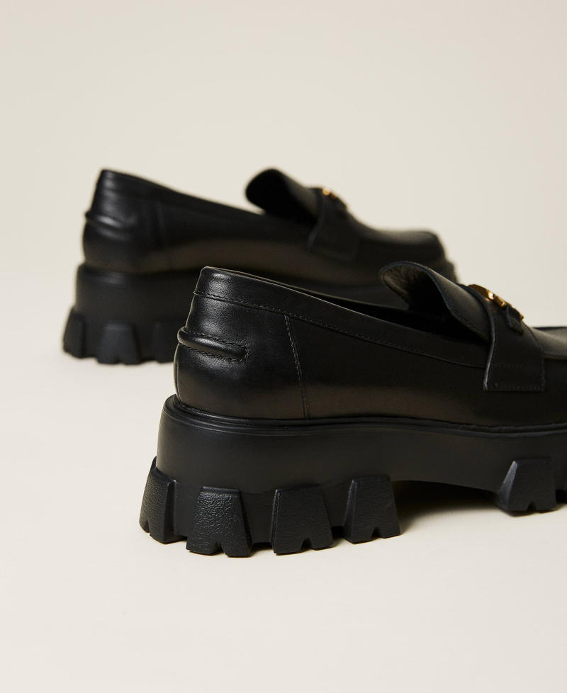 Leather Loafers With Oval T Logo Woman Black Twinset Milano