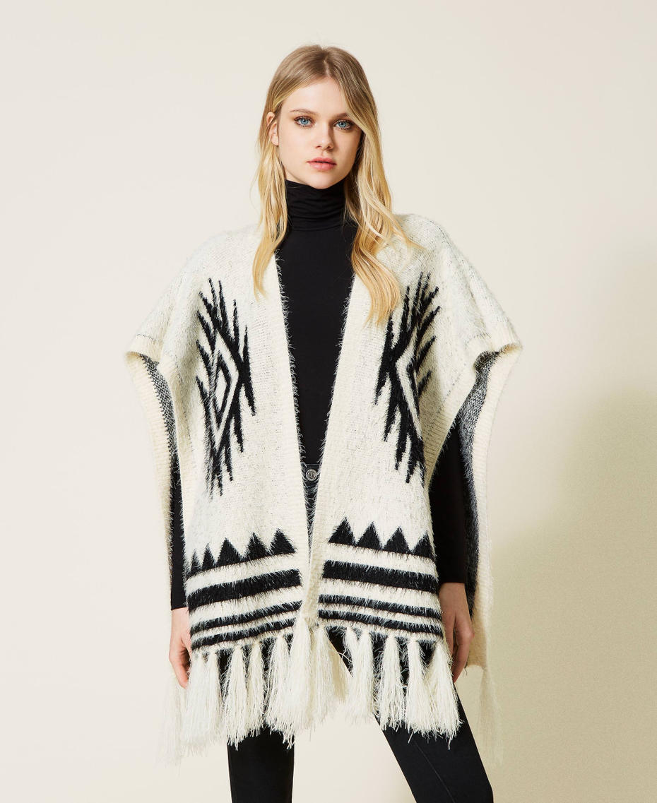 Poncho abierto jacquard con flecos Mujer, Estampado | TWINSET Milano
