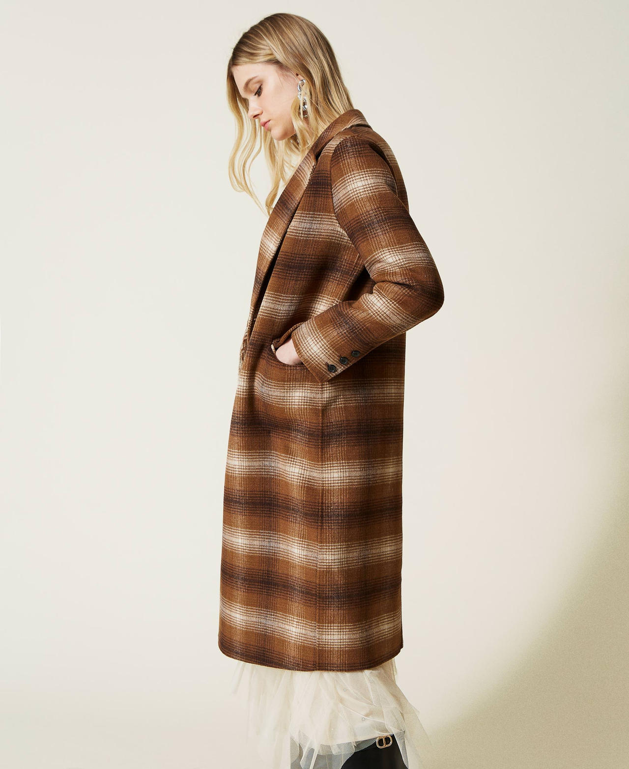 Chequered double wool cloth coat Woman, Brown | TWINSET Milano