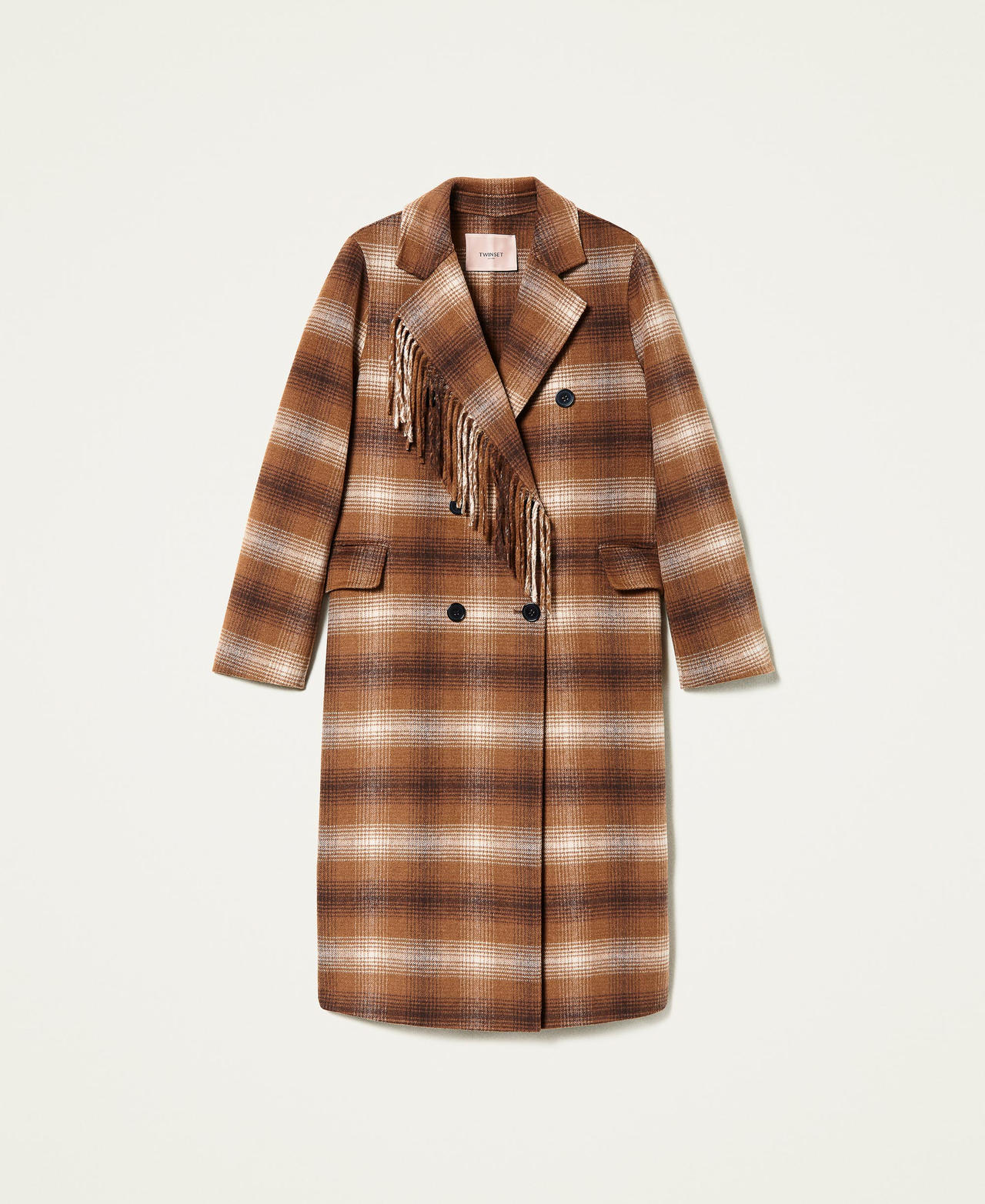Chequered double wool cloth coat Woman, Brown | TWINSET Milano