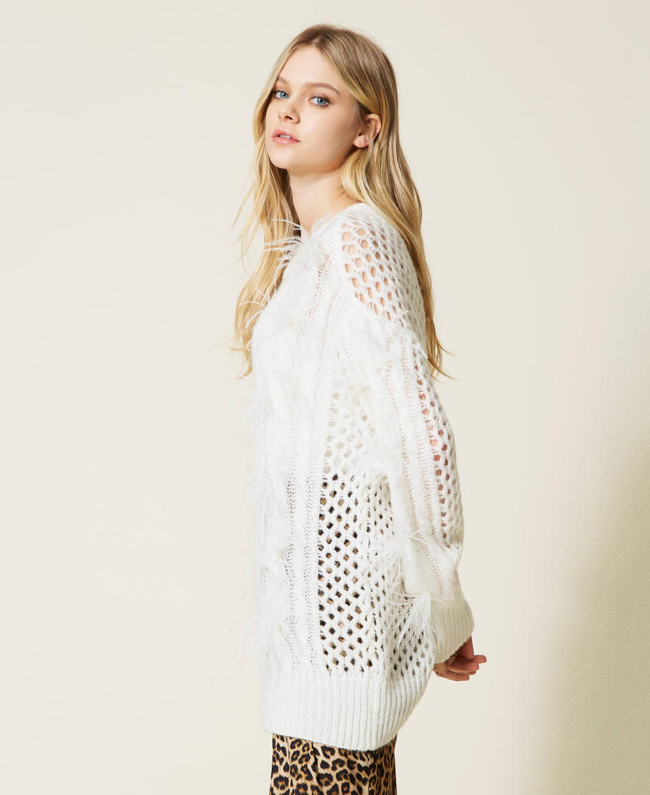 Maxi pull avec torsades et plumes Femme, Blanc | TWINSET Milano