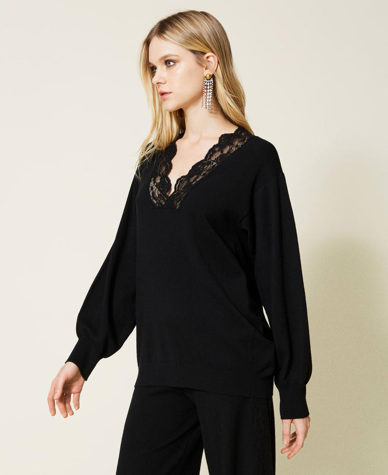 Maxi jumper with lace Woman, Black | TWINSET Milano