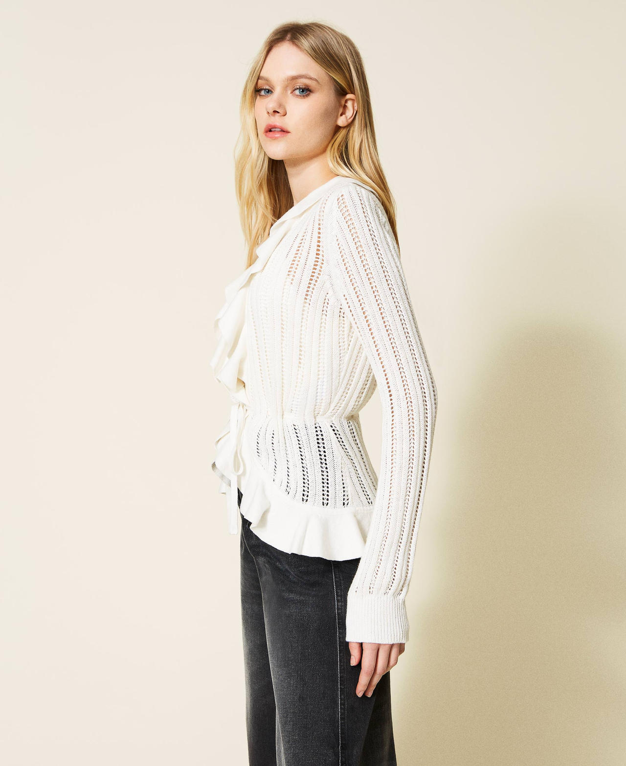 Cárdigan calado con volante Mujer, Blanco | TWINSET Milano