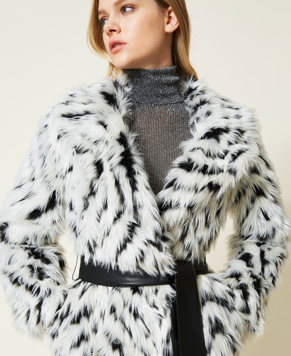 Faux fur coat with chevron pattern Woman, White | TWINSET Milano