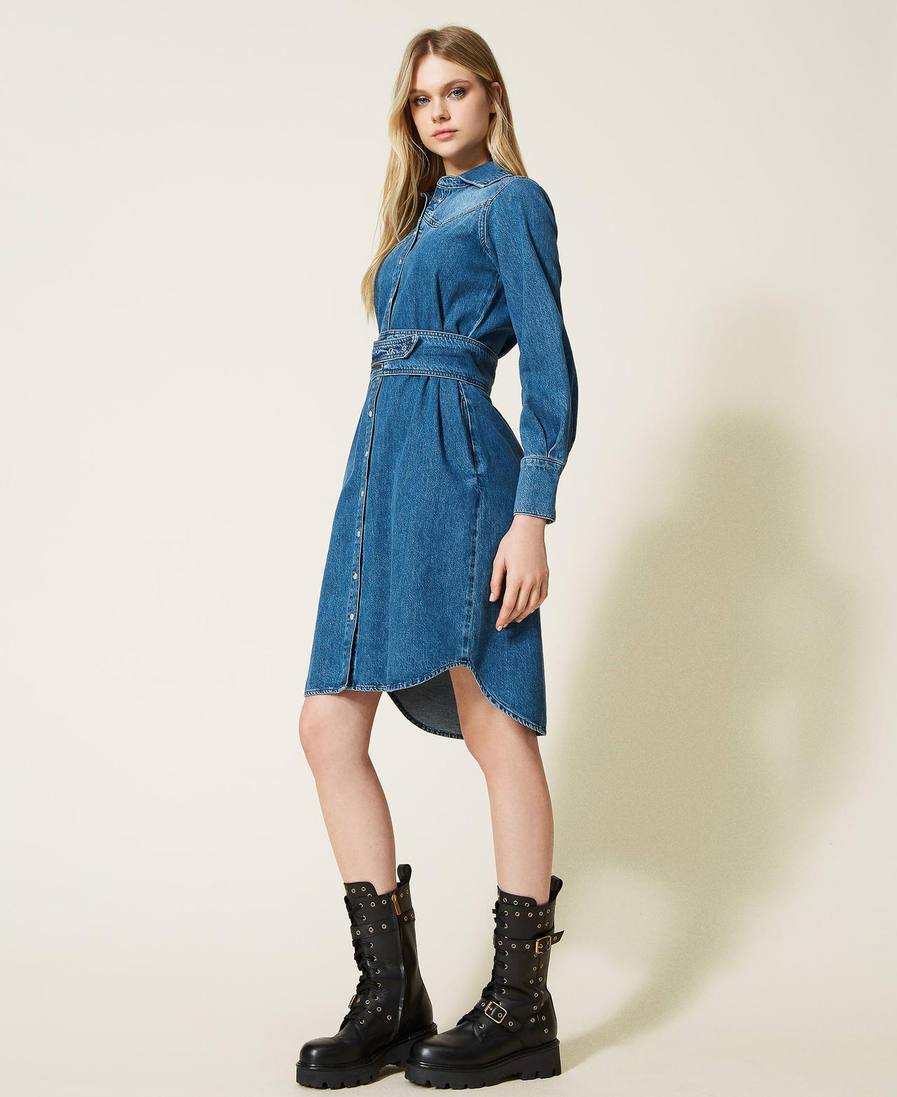 Robe chemisier mi-longue en jean Femme, Bleu | TWINSET Milano