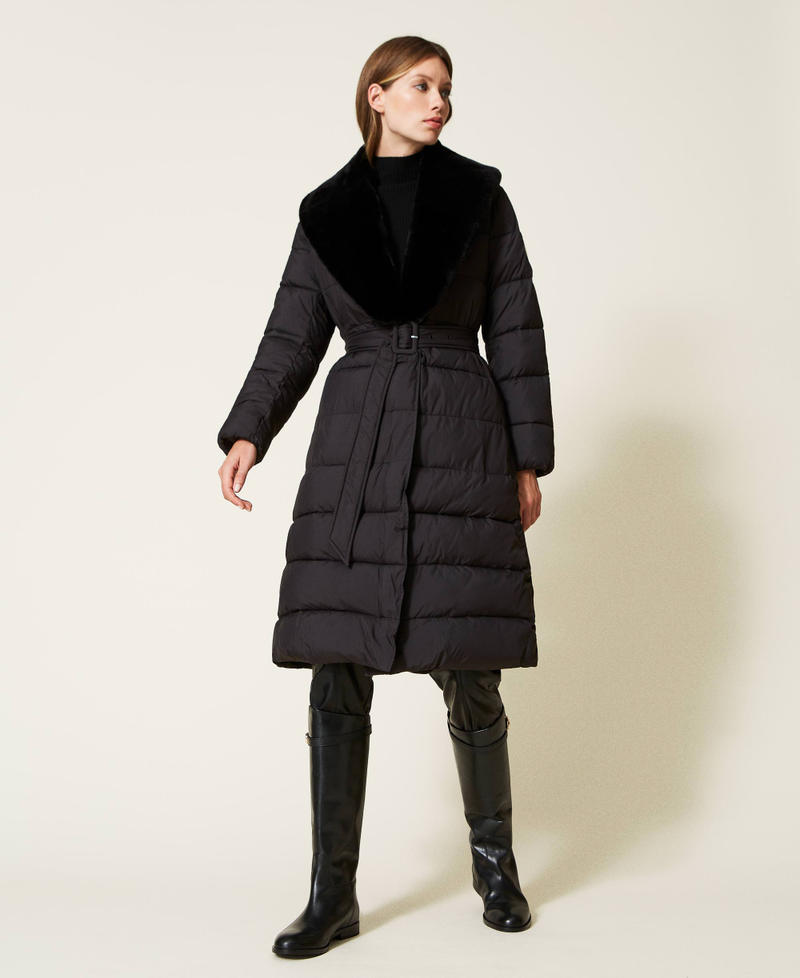Long matte puffer jacket with faux fur Woman, Black | TWINSET Milano