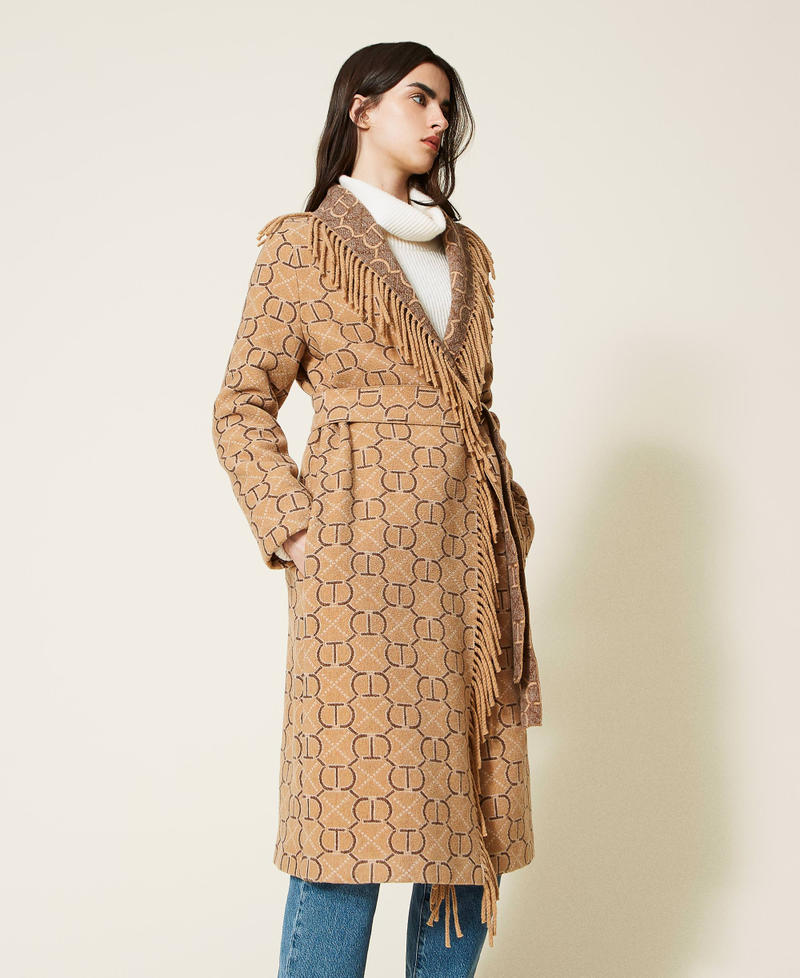 Jacquard coat with logo and fringes Woman, Beige | TWINSET Milano