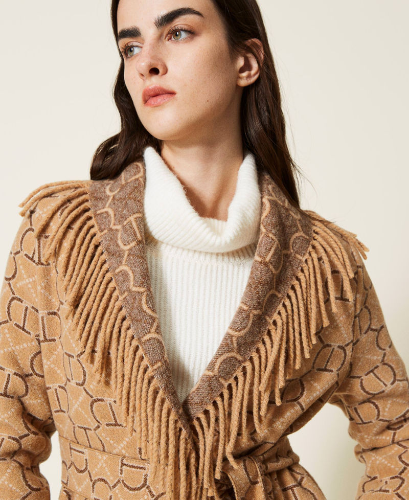 Jacquard coat with logo and fringes Woman, Beige | TWINSET Milano