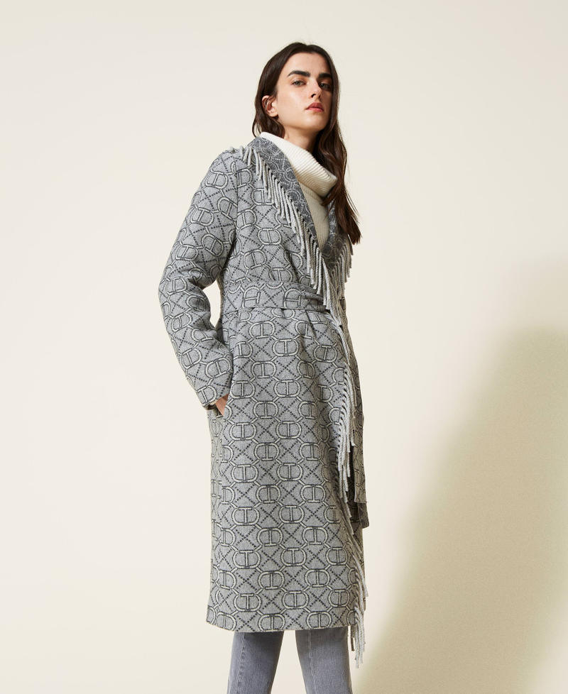 Jacquard coat with logo and fringes Woman, Grey | TWINSET Milano