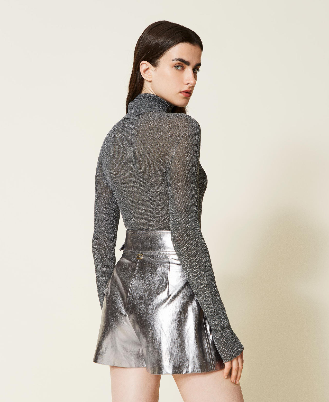 Short effet cuir lamé Femme, Argent | TWINSET Milano