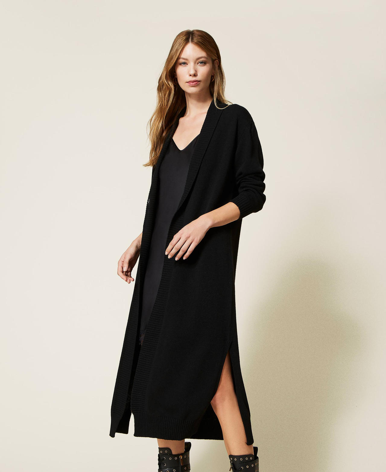 Cárdigan largo de tejido Treeblend Mujer, Negro | TWINSET Milano