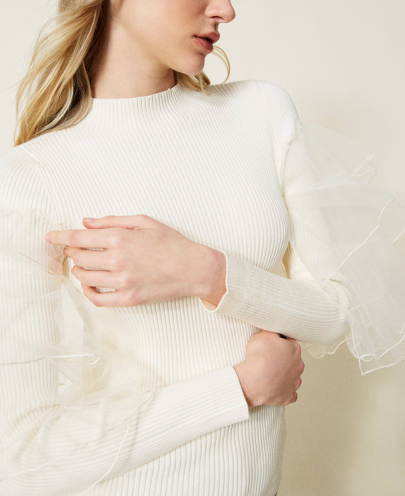 Maglia a costine con balze in tulle Donna, Bianco | TWINSET Milano