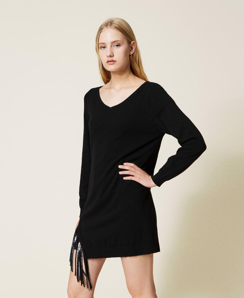 Short wool blend dress with fringes Woman, Black | TWINSET Milano