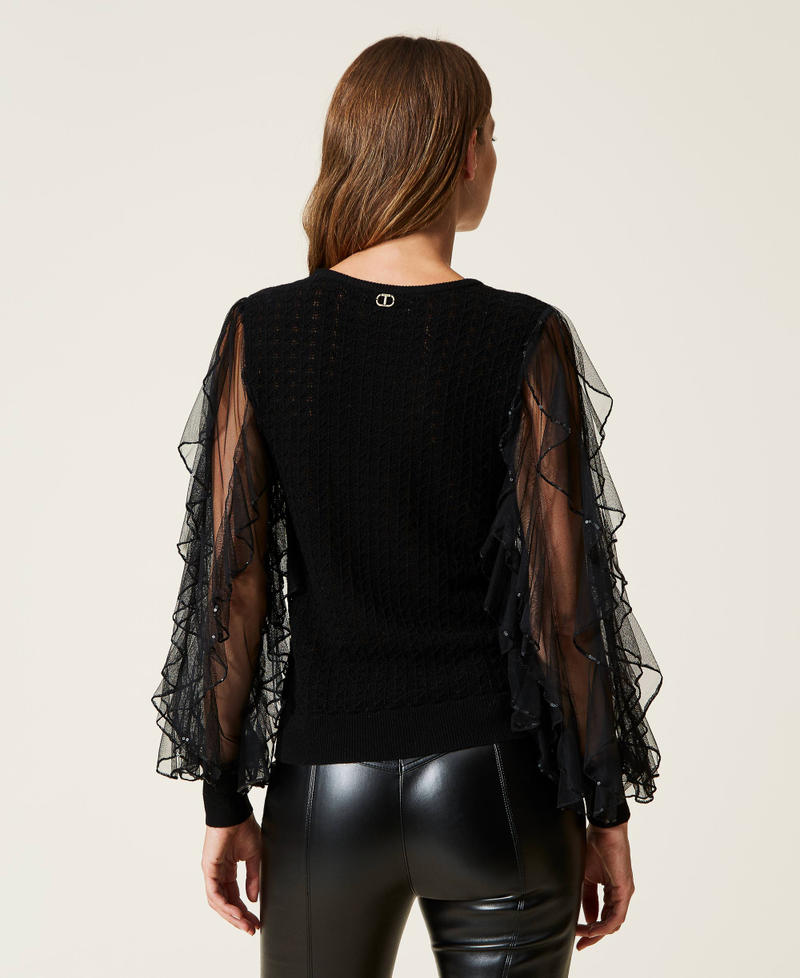 Maglia con maniche in tulle e paillettes Donna, Nero | TWINSET Milano