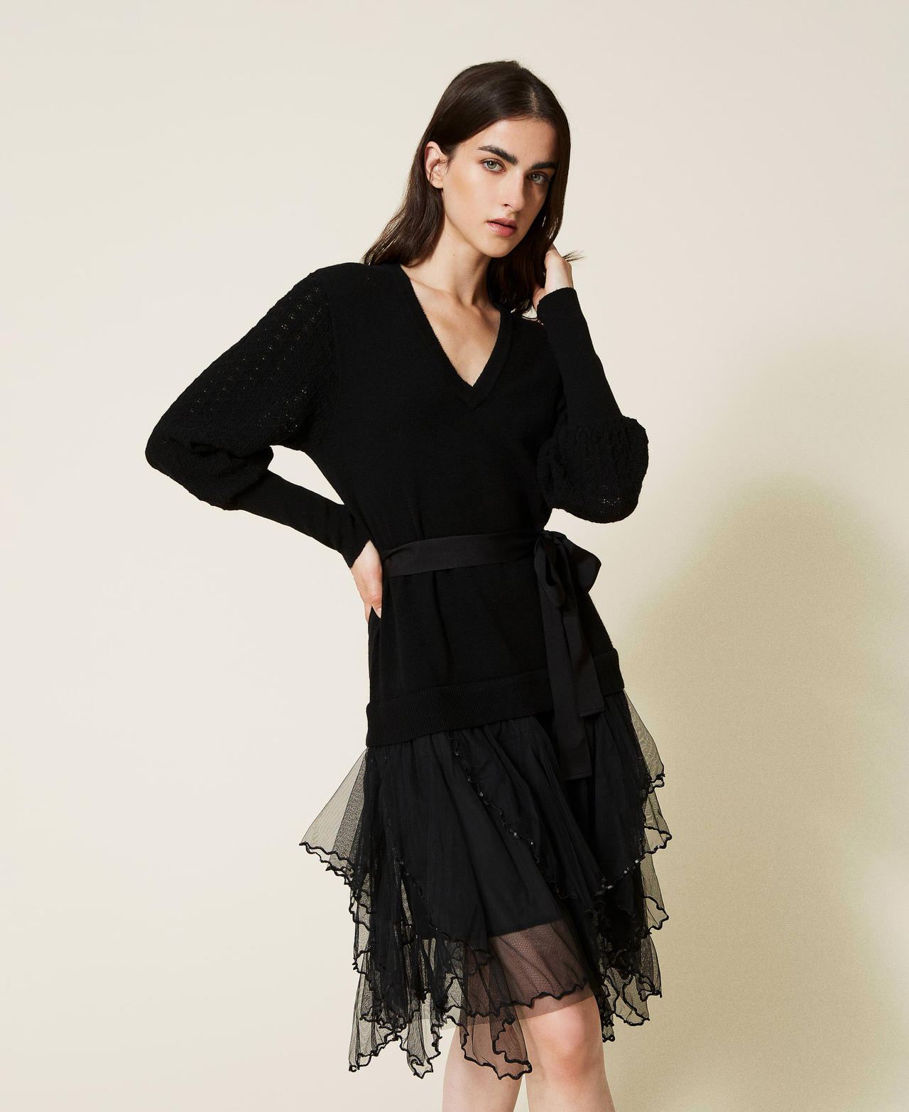 Robe en maille avec tulle et sequins Femme, Noir | TWINSET Milano