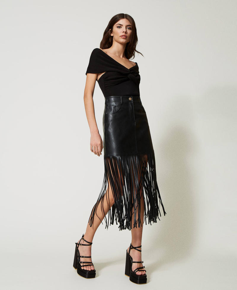 Leather-like miniskirt with fringes Woman, Black | TWINSET Milano