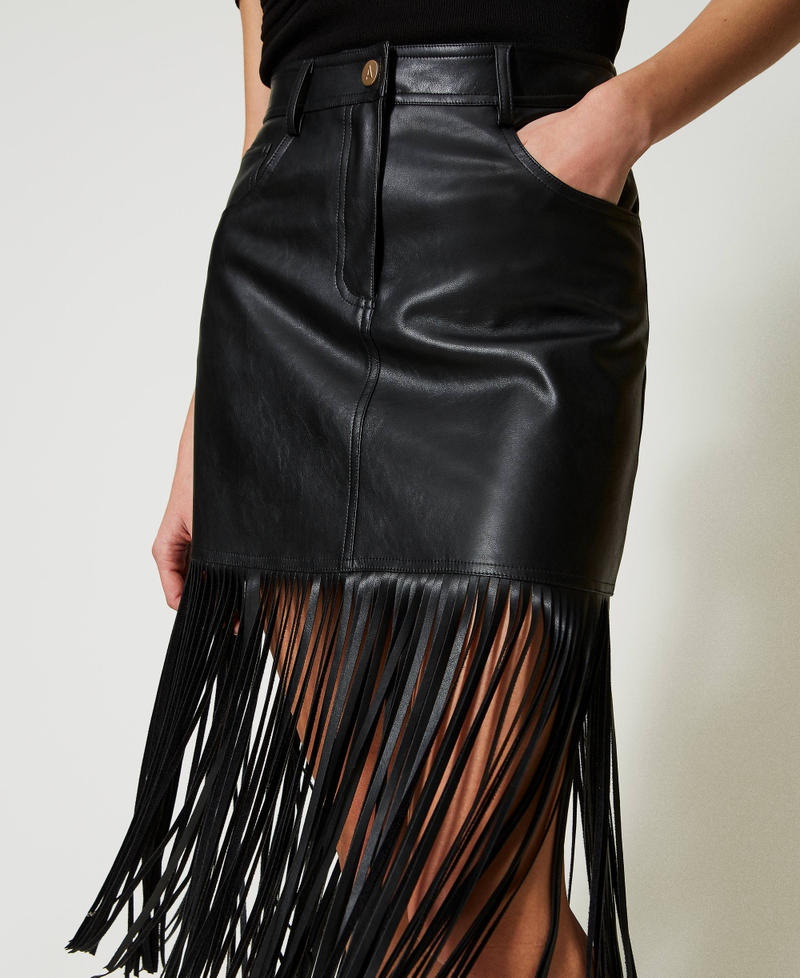 Leather-like miniskirt with fringes Woman, Black | TWINSET Milano