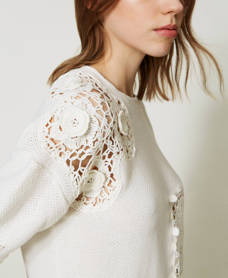 Maxi jumper with crochet inlays Woman, White | TWINSET Milano