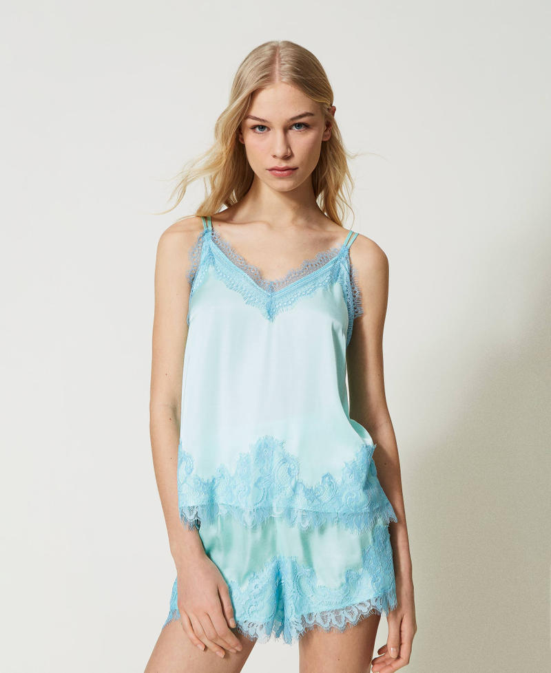 Top MYFO de raso con encaje Mujer, Azul | TWINSET Milano