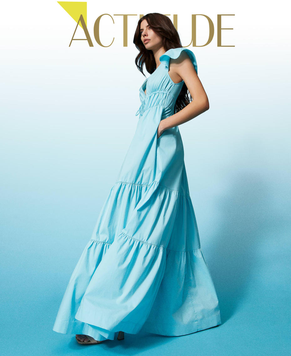 Robe longue en popeline avec volants Femme, Bleu | TWINSET Milano