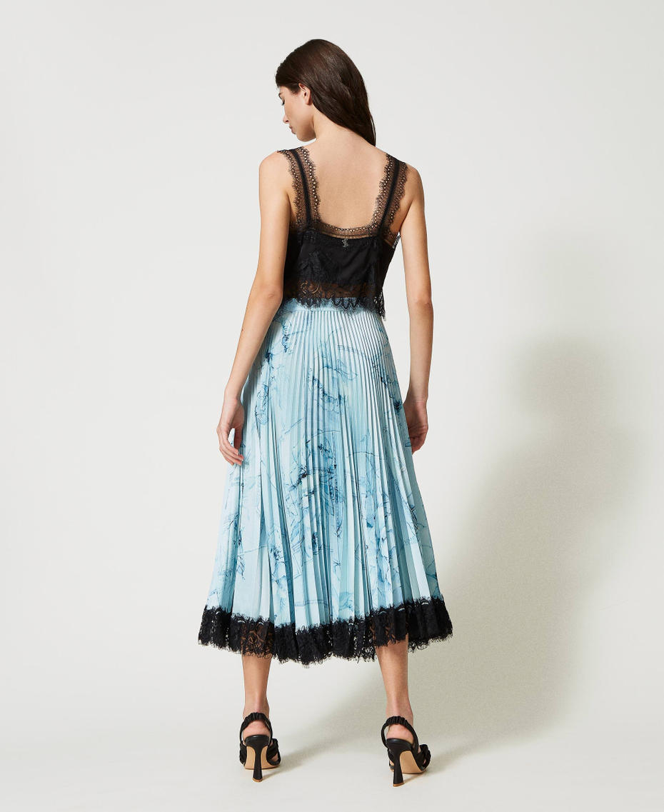 Falda larga de raso plisado con encaje Mujer, Azul | TWINSET Milano