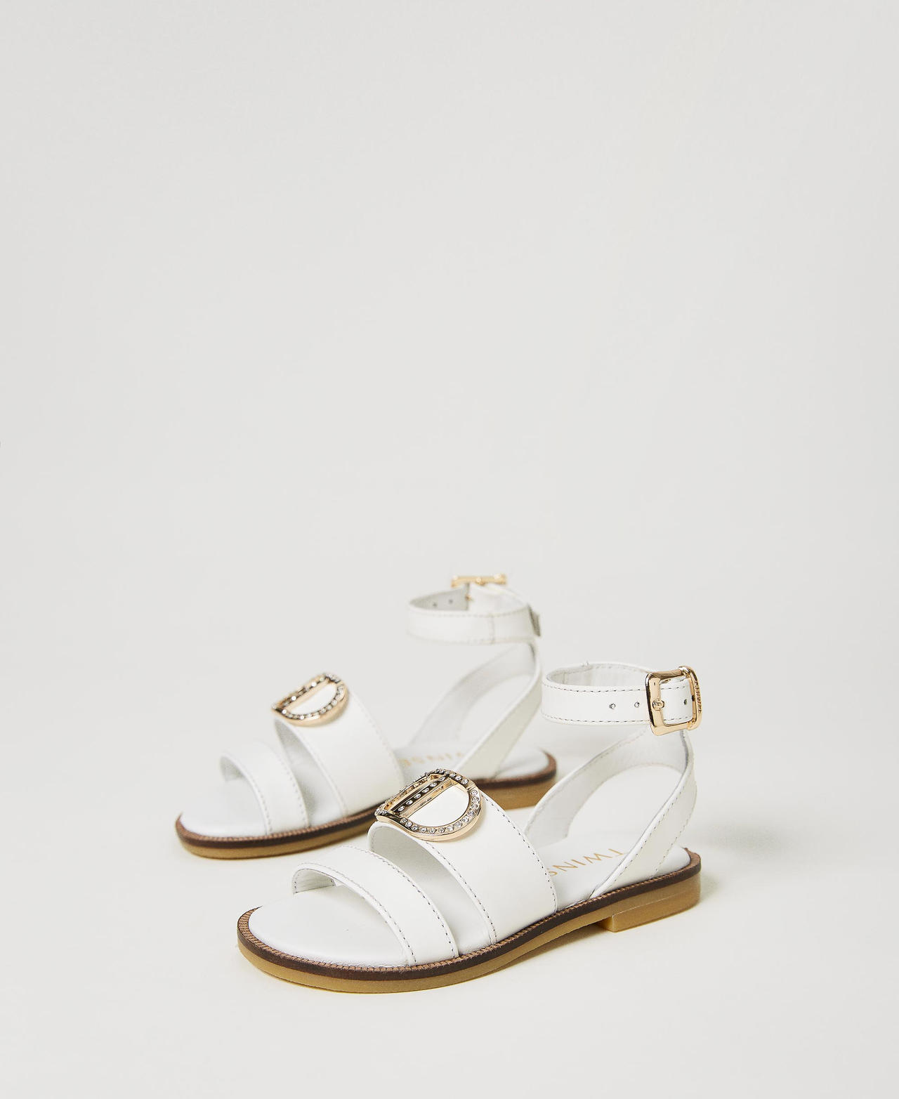 Sandales enfant en cuir avec logo Fille, Blanc | TWINSET Milano