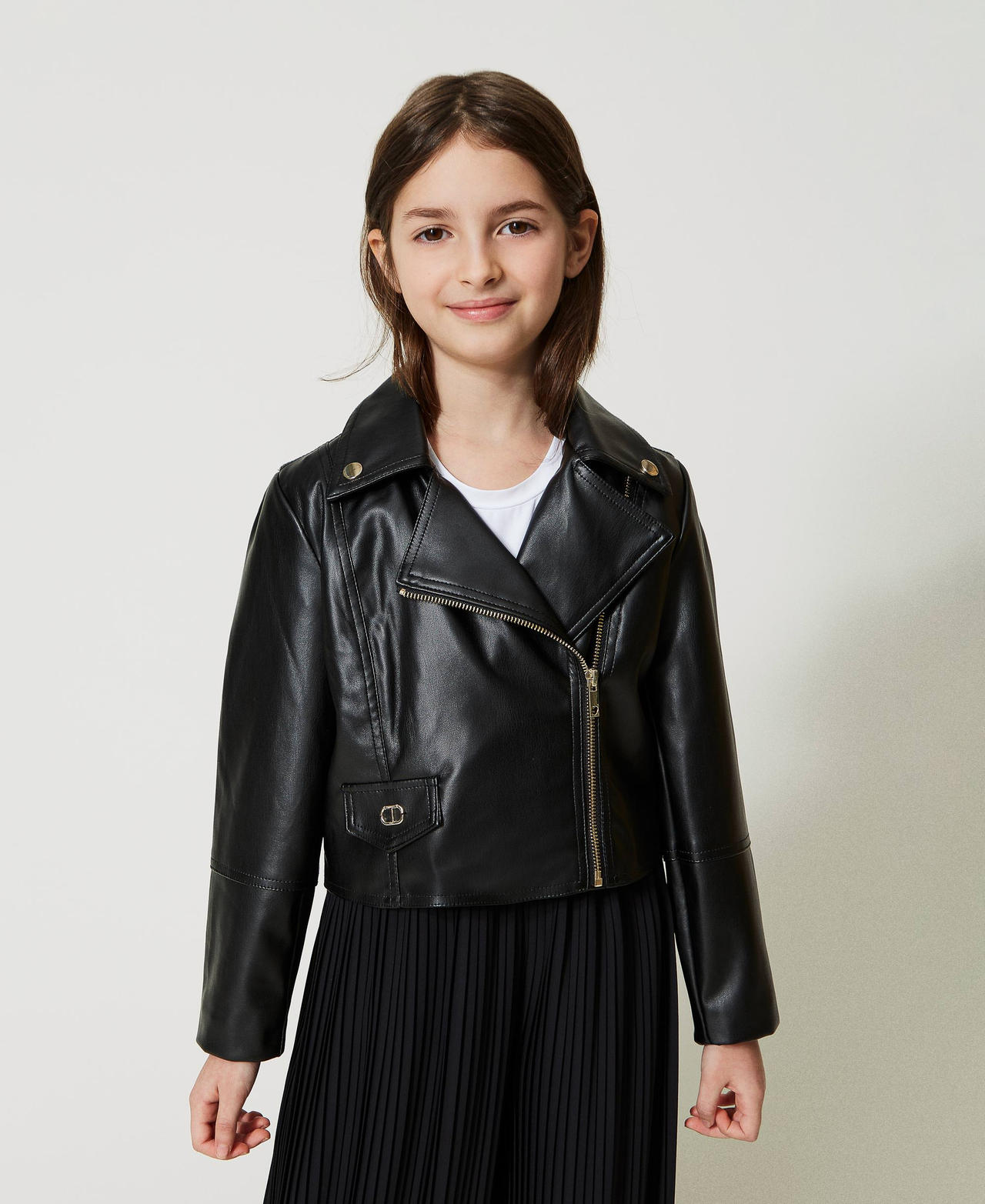 Leather-like biker jacket Girl, Black | TWINSET Milano