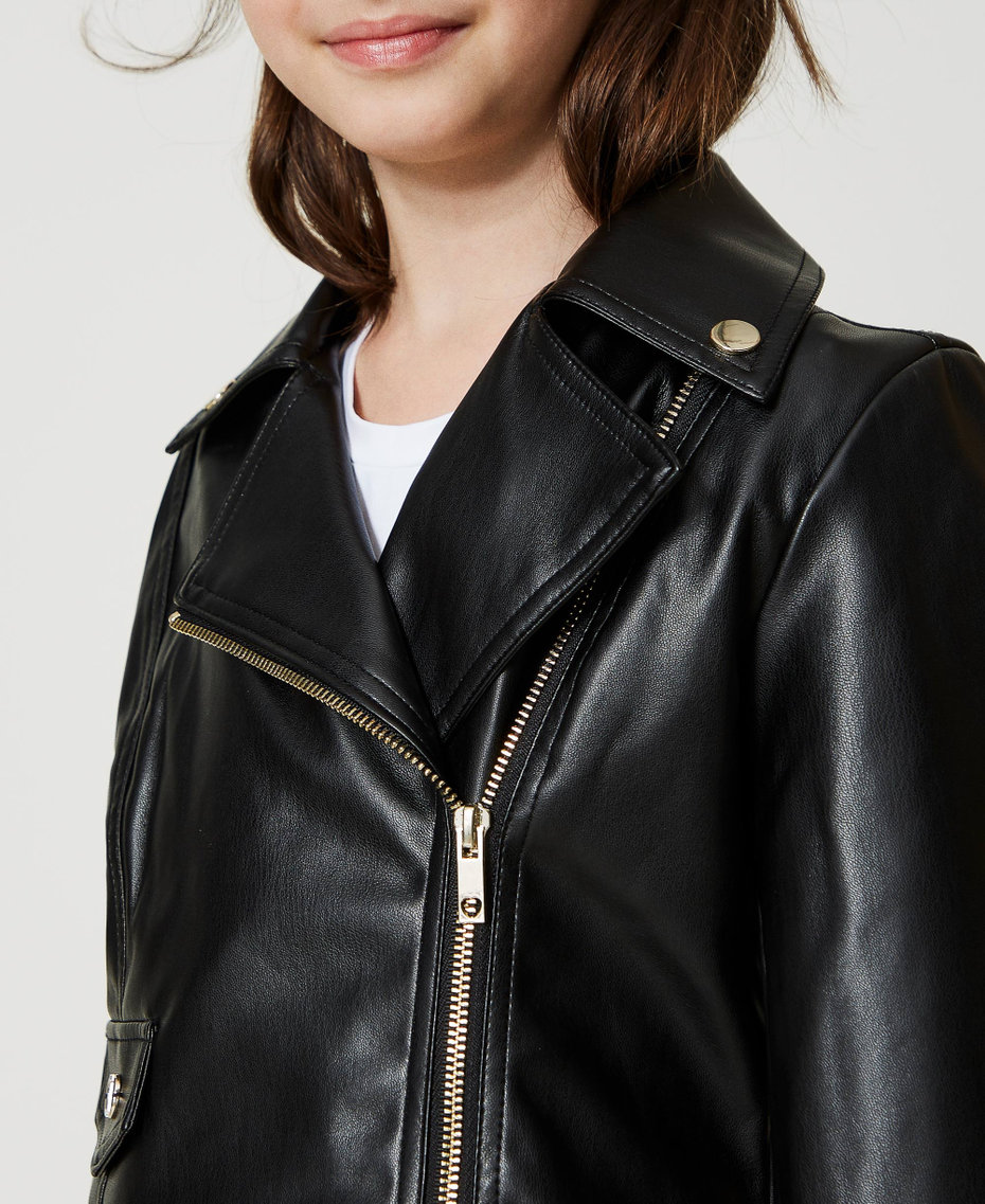 Leather-like biker jacket Girl, Black | TWINSET Milano