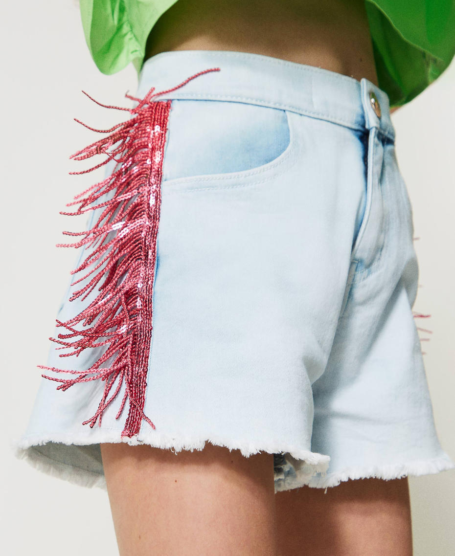Denim shorts with sequin fringes Girl, Light blue | TWINSET Milano